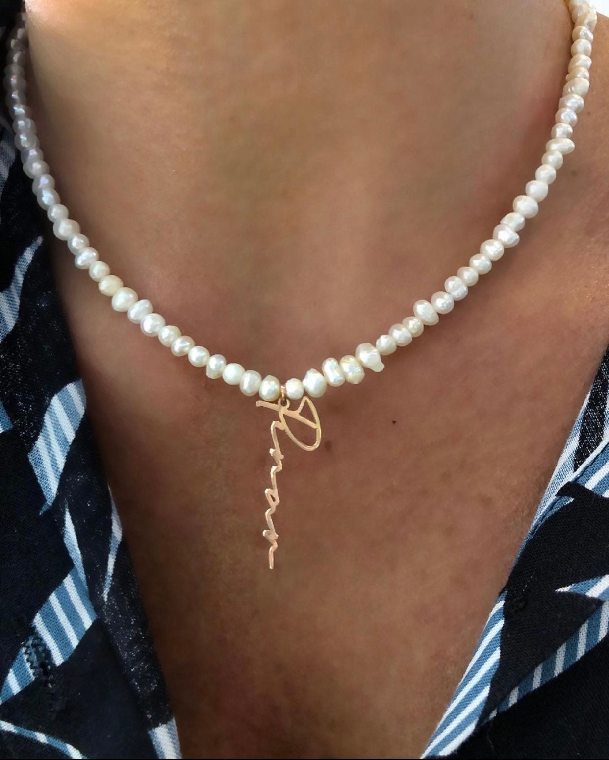 Pearl Necklace Pearls Name Necklace Vertical Jewelry Custom | Etsy