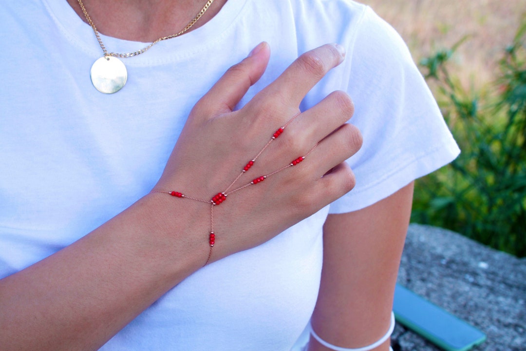 Red Beaded Hand Bracelet, Ethnic Hand Chain Slave,gold Filled Jewelry ...