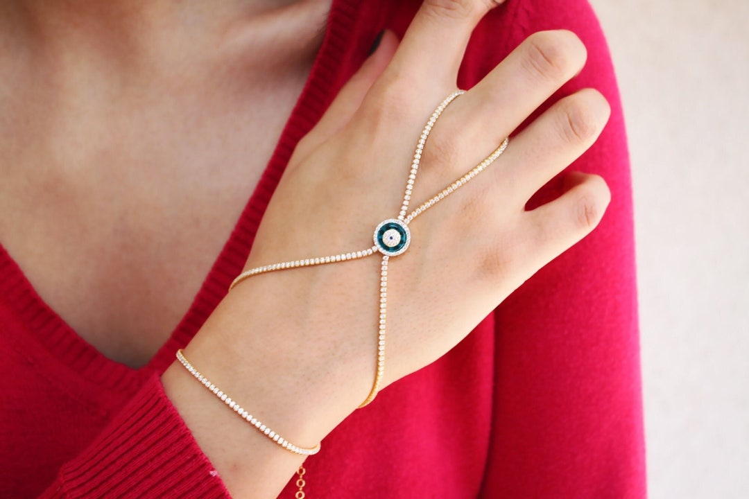 925 Sterling Silver Evil Eye Hand Chain Bracelet Greek Beads Tennis ...