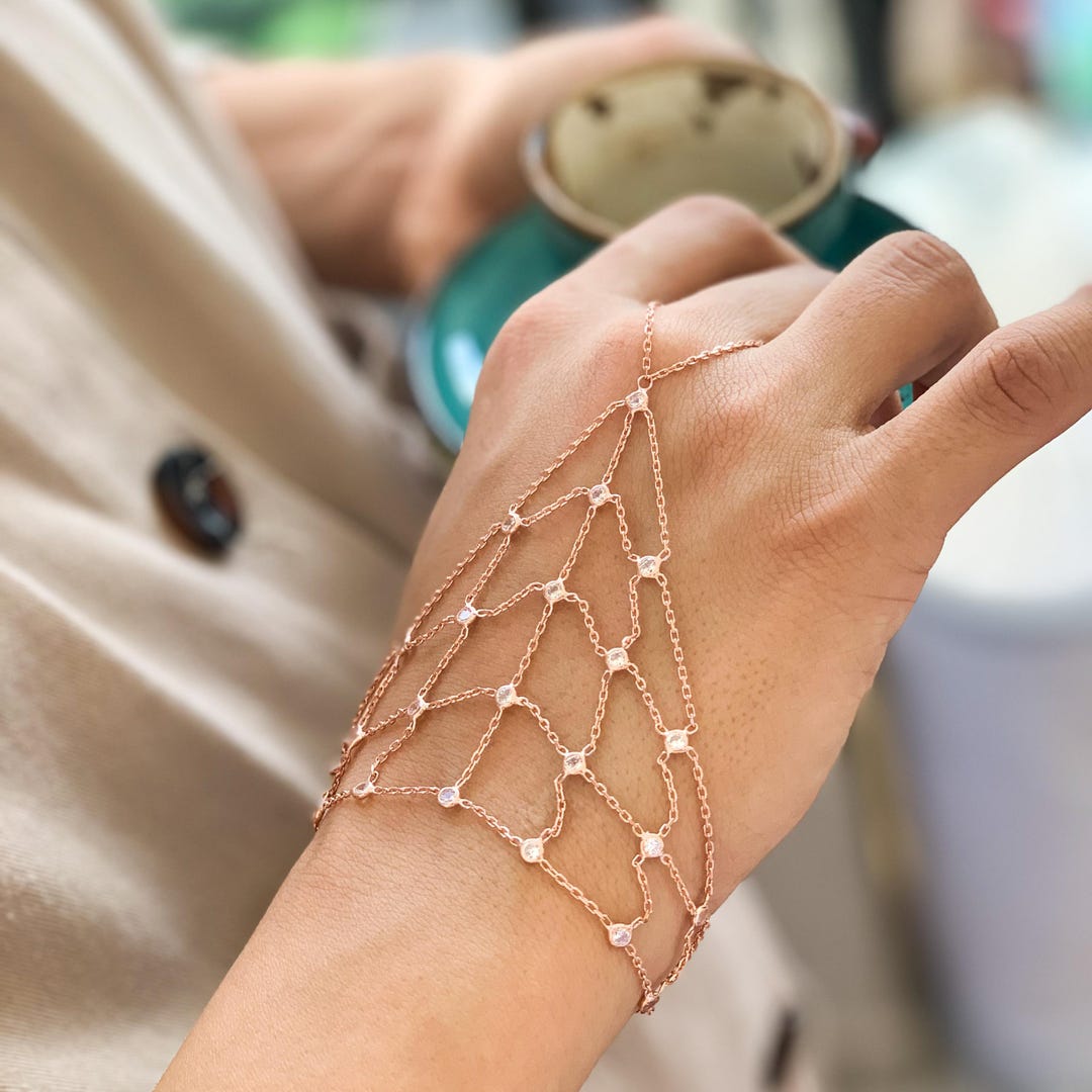 Sterling Silver Hand Chain Bracelet: Rose Gold Bohemian Finger Jewelry ...