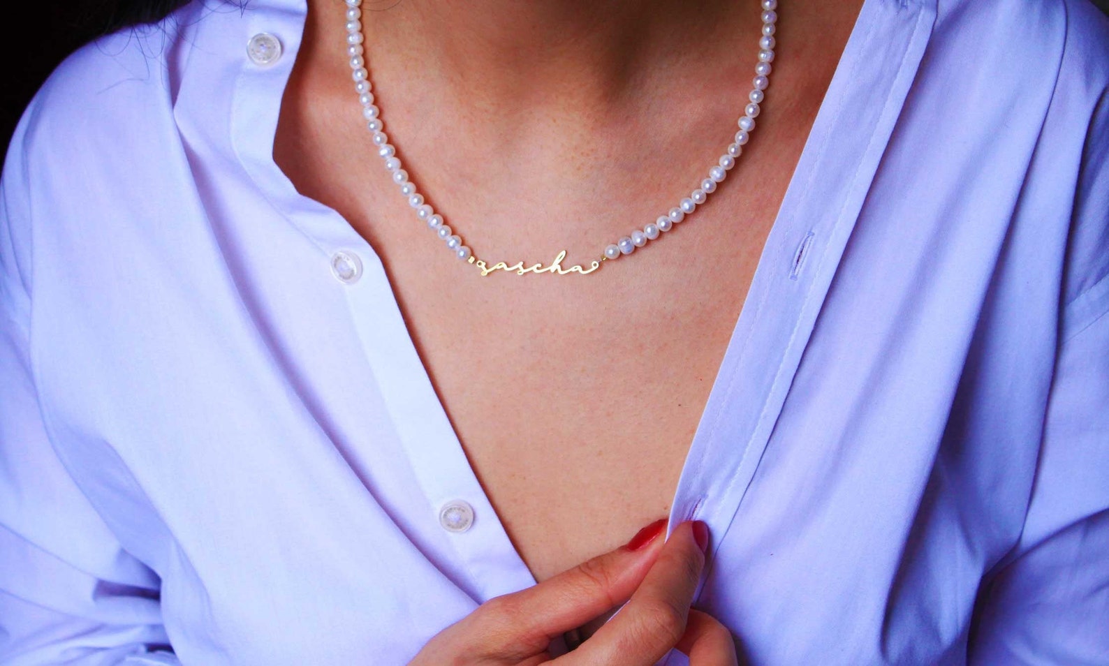 Pearl Name Necklace Personalized White Jewelry Horizontal Hand - Etsy