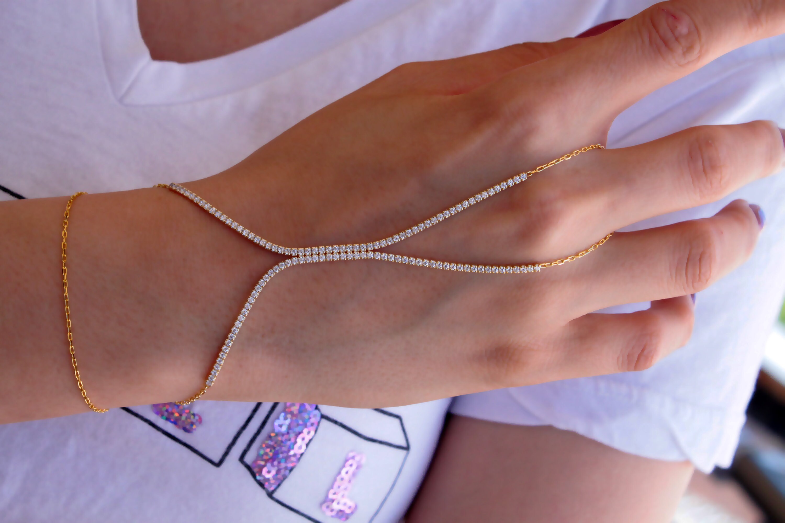 Tennis Hand Chain Adjustable Finger Slave Bracelet 925 | Etsy