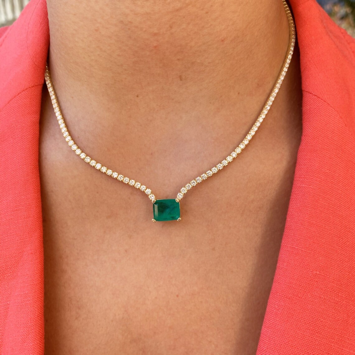 Emerald Necklace Gold Filled Tennis Chain Green Jewelry for - Etsy