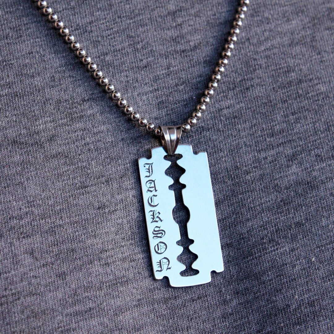 Sterling Silver Razor Blade Pendant: Old English Name Necklace - Etsy