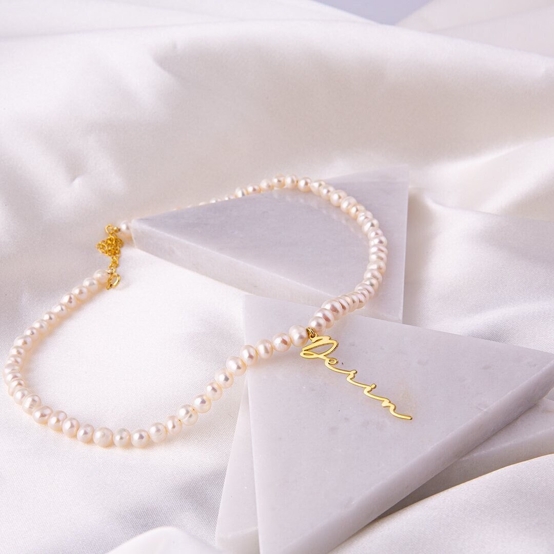Pearl Necklace, Pearls Name Necklace, Vertical Jewelry, Custom Name ...
