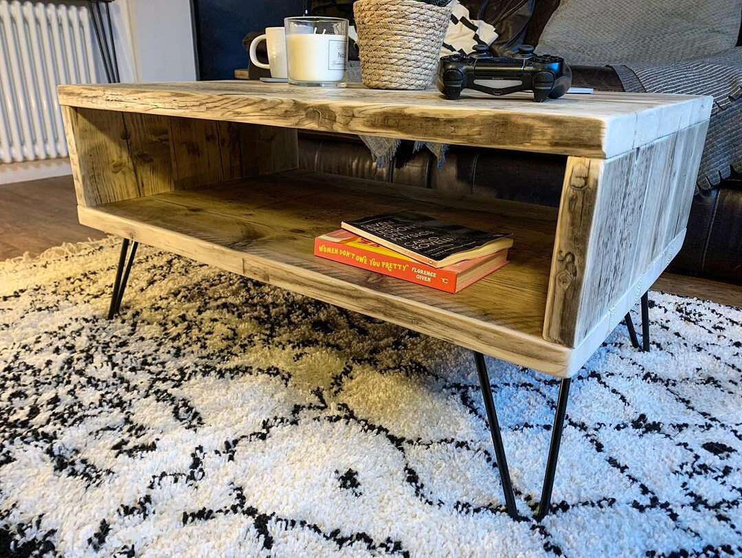 RUSTIC COFFEE TABLE Recycled Scaffold Boards, 4 Steel Hairpin Legs 2 ...