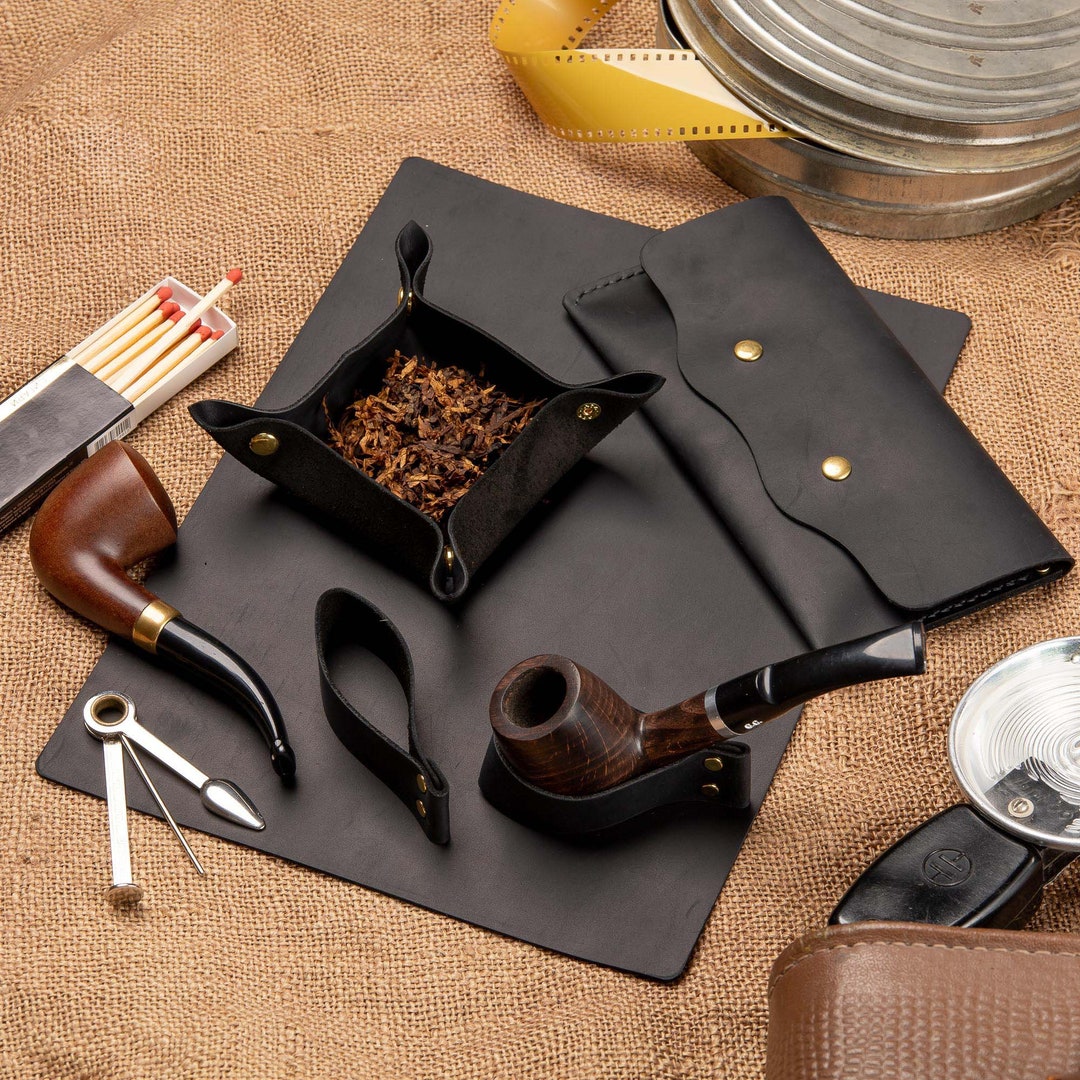 Leather Tobacco Mat With Pipe Stands, Leather Valet Tray, Tobacco Pouch ...