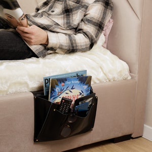 Leather Bedside Caddy, Hanging Bed Organizer for Remotes Phone Books ...