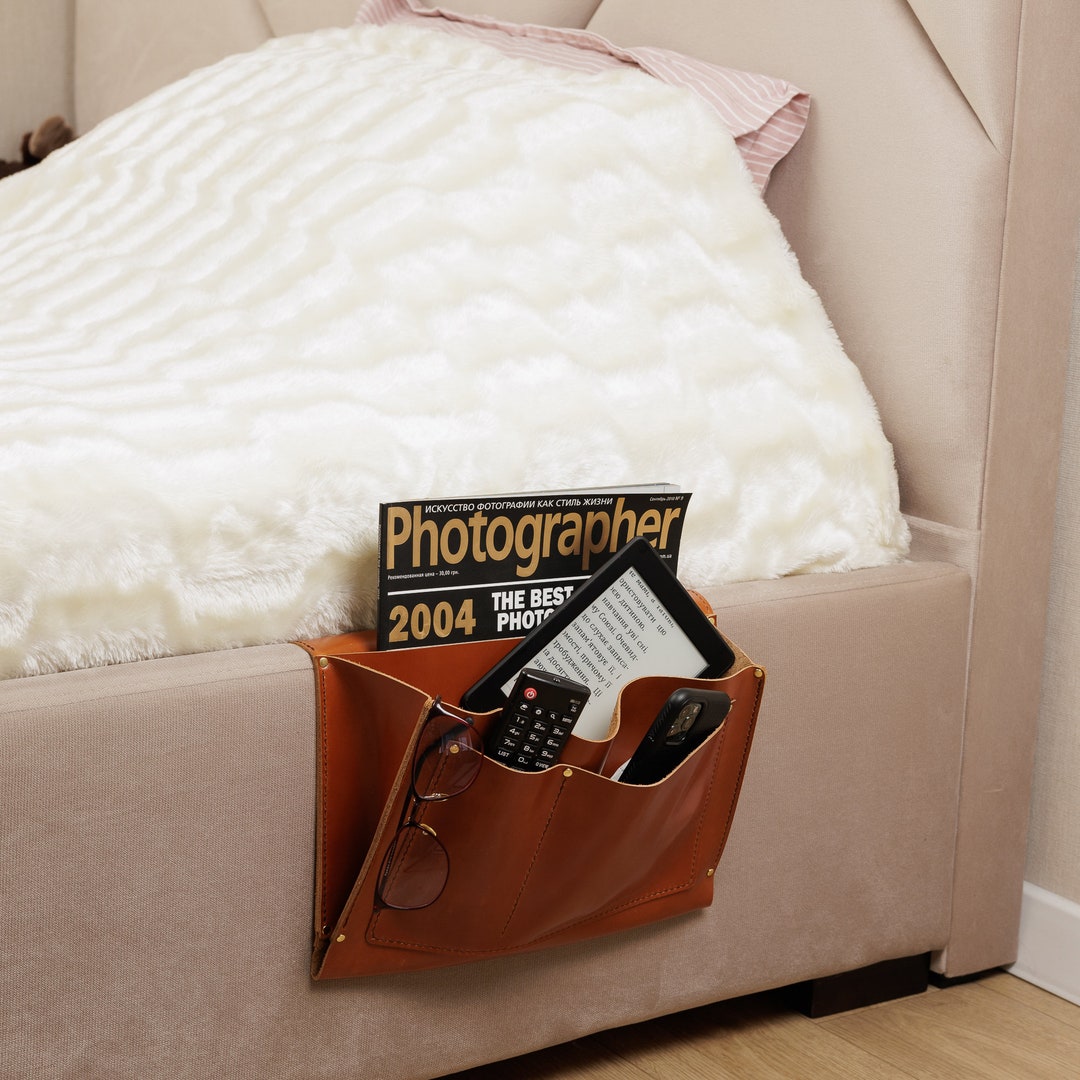 Bed Caddy Leather, Bedside Pocket Organizer, Hanging Under the Mattress ...
