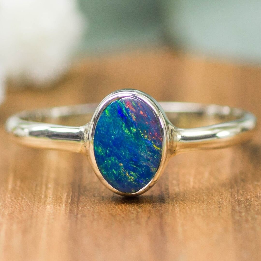RAINBOW OPAL RING Iridescent Opal Ring Blue Opal Jewelry Australian ...