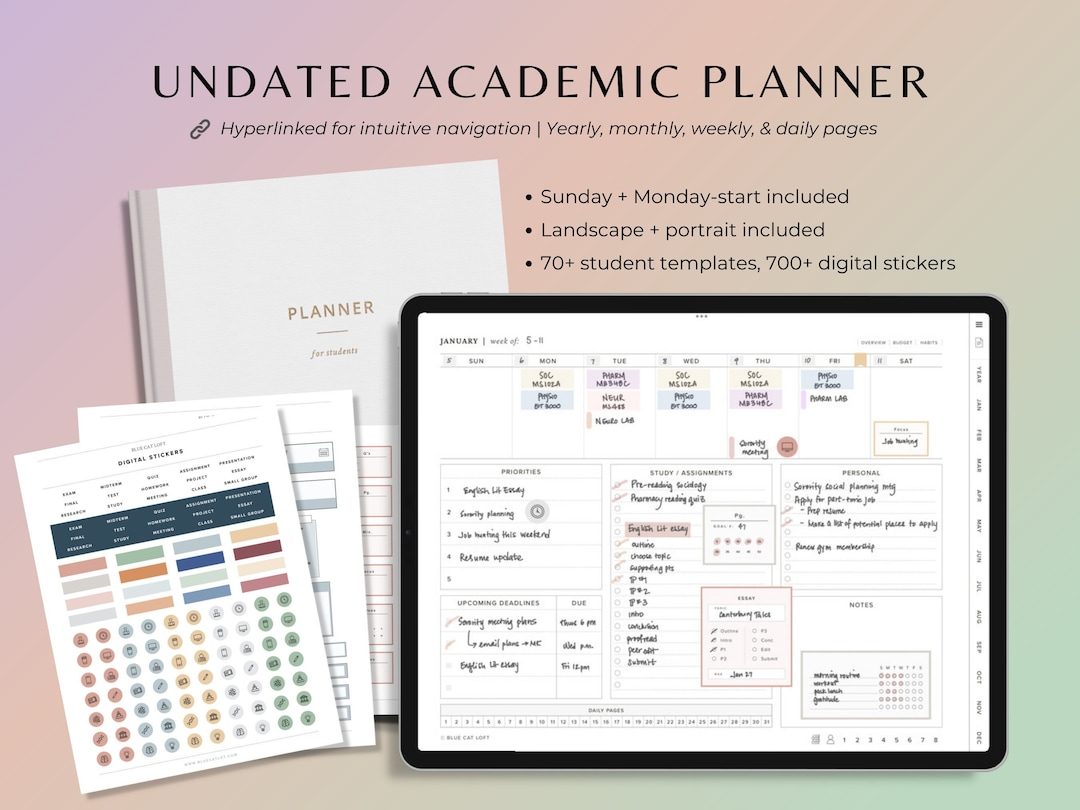 Undated Digital Academic Planner, Digital Student Planner, Goodnotes ...