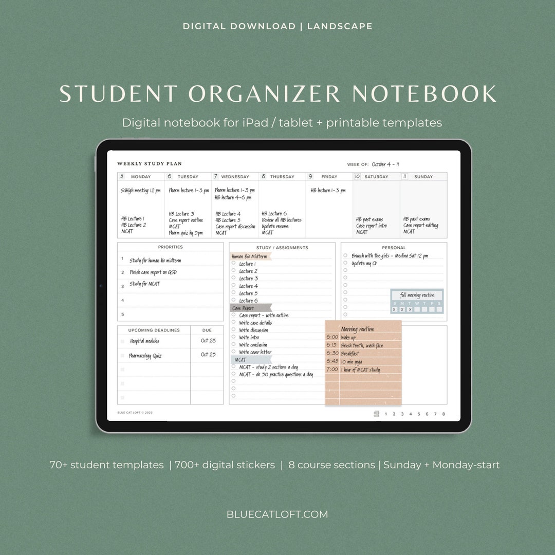 Digital Study Planner Template, Undated Digital Student Planner, iPad ...