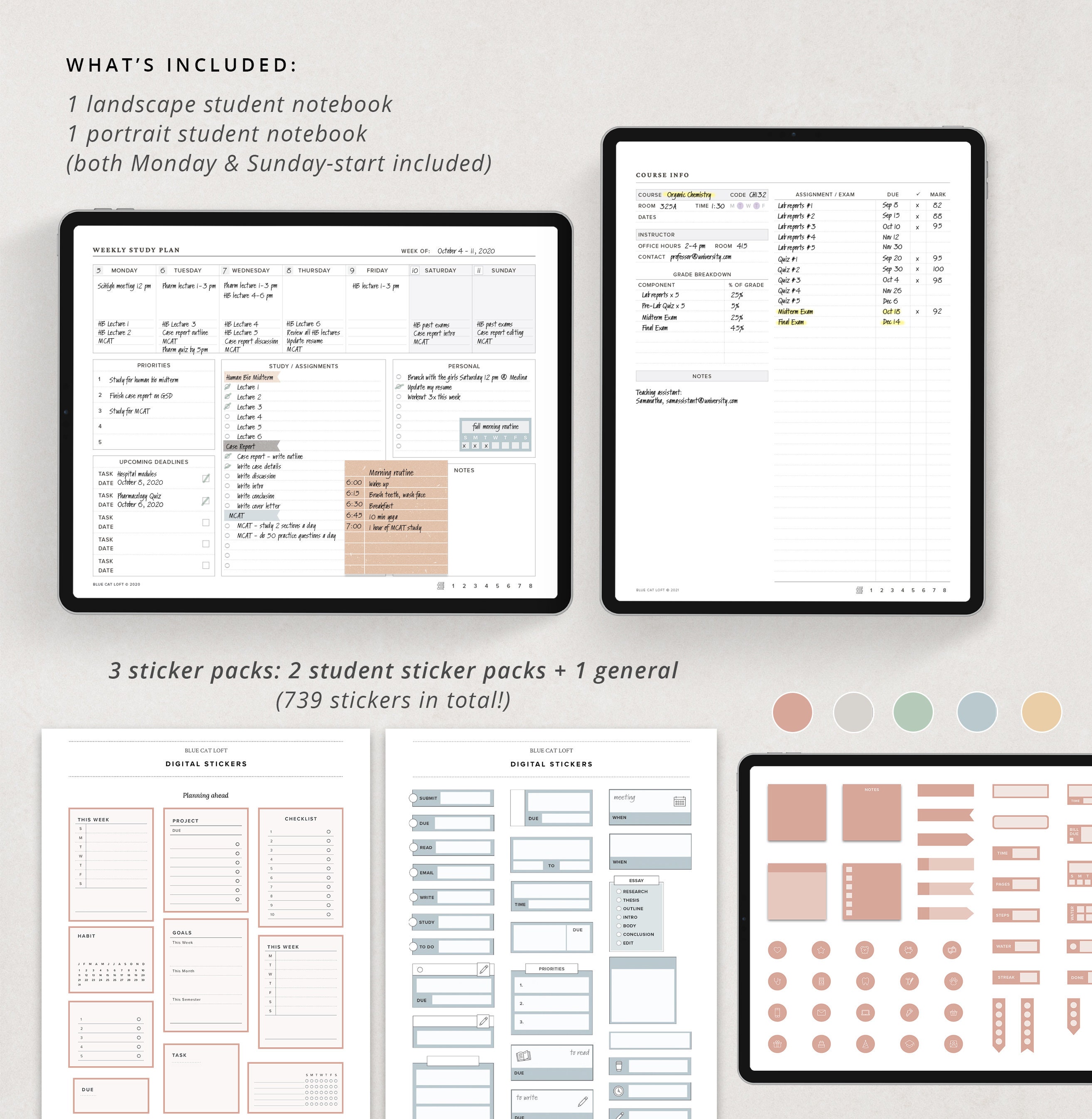 Digital Study Planner and Stickers Bundle, Student Planner Digital ...