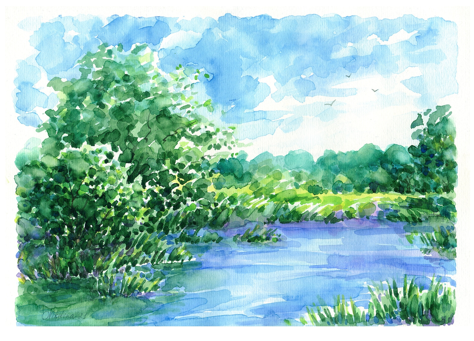 Lake Painting Original Watercolor Summer Landscape Artwork | Etsy