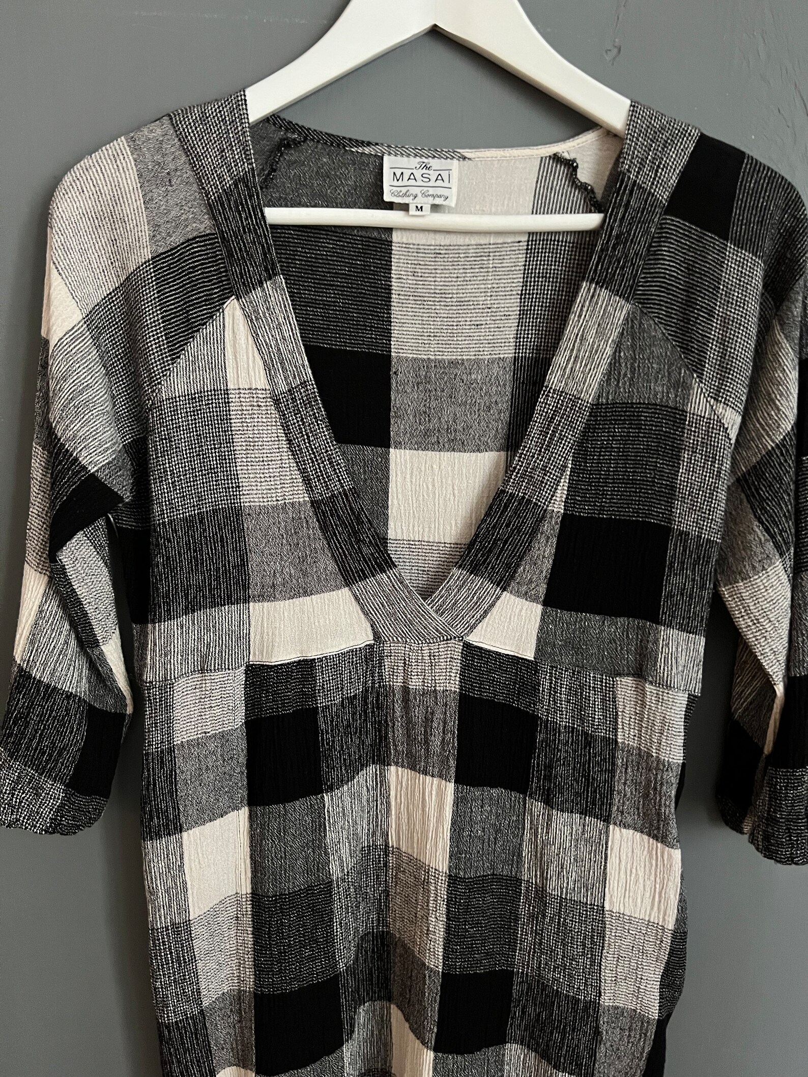 Vintage Masai Dress Linen Blend Plaid Gray Tunic Deep-v 3/4 Sleeve Side ...
