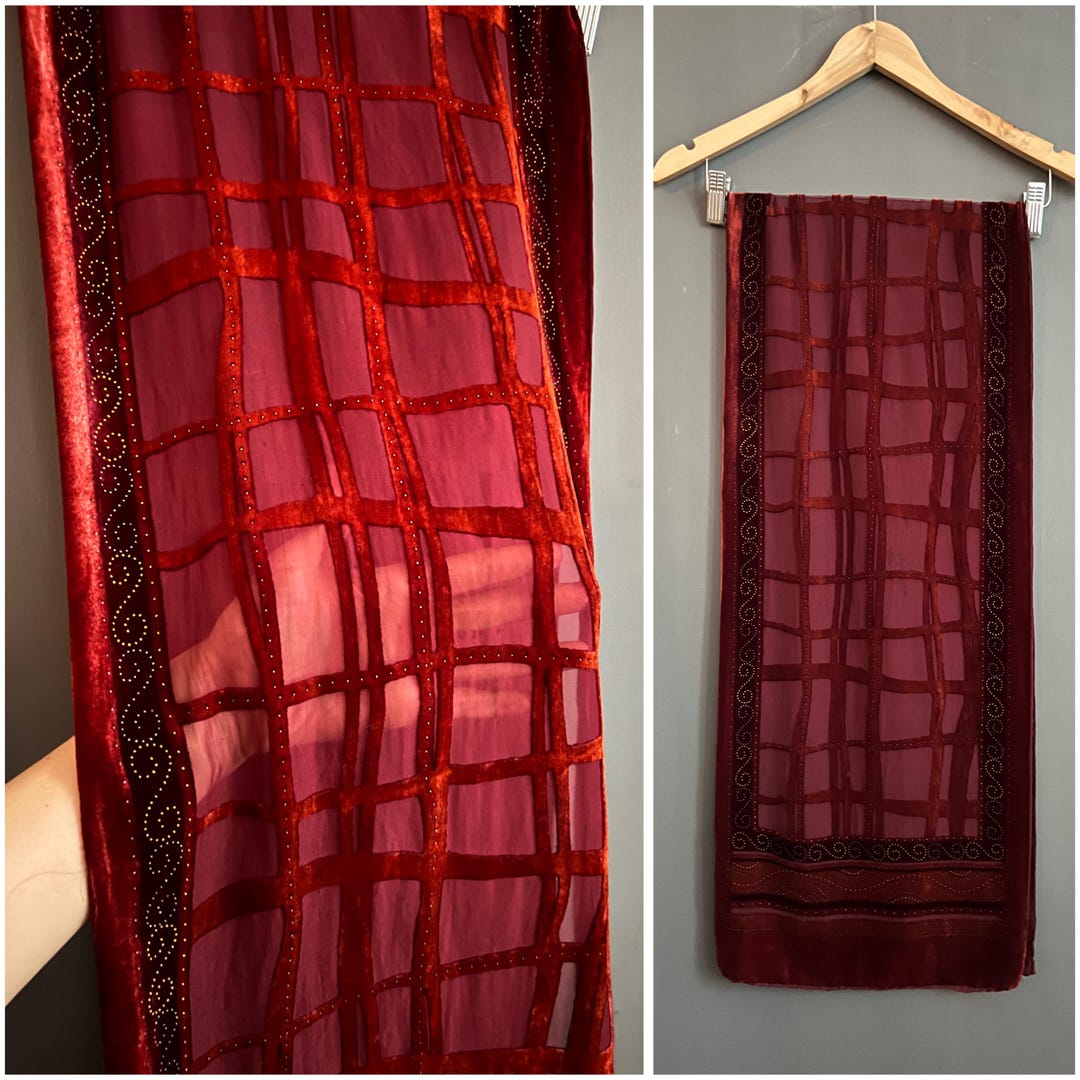 Vtg Velour Velvet Burnout Shawl Scarlett Red & Burgundy Scarf ...