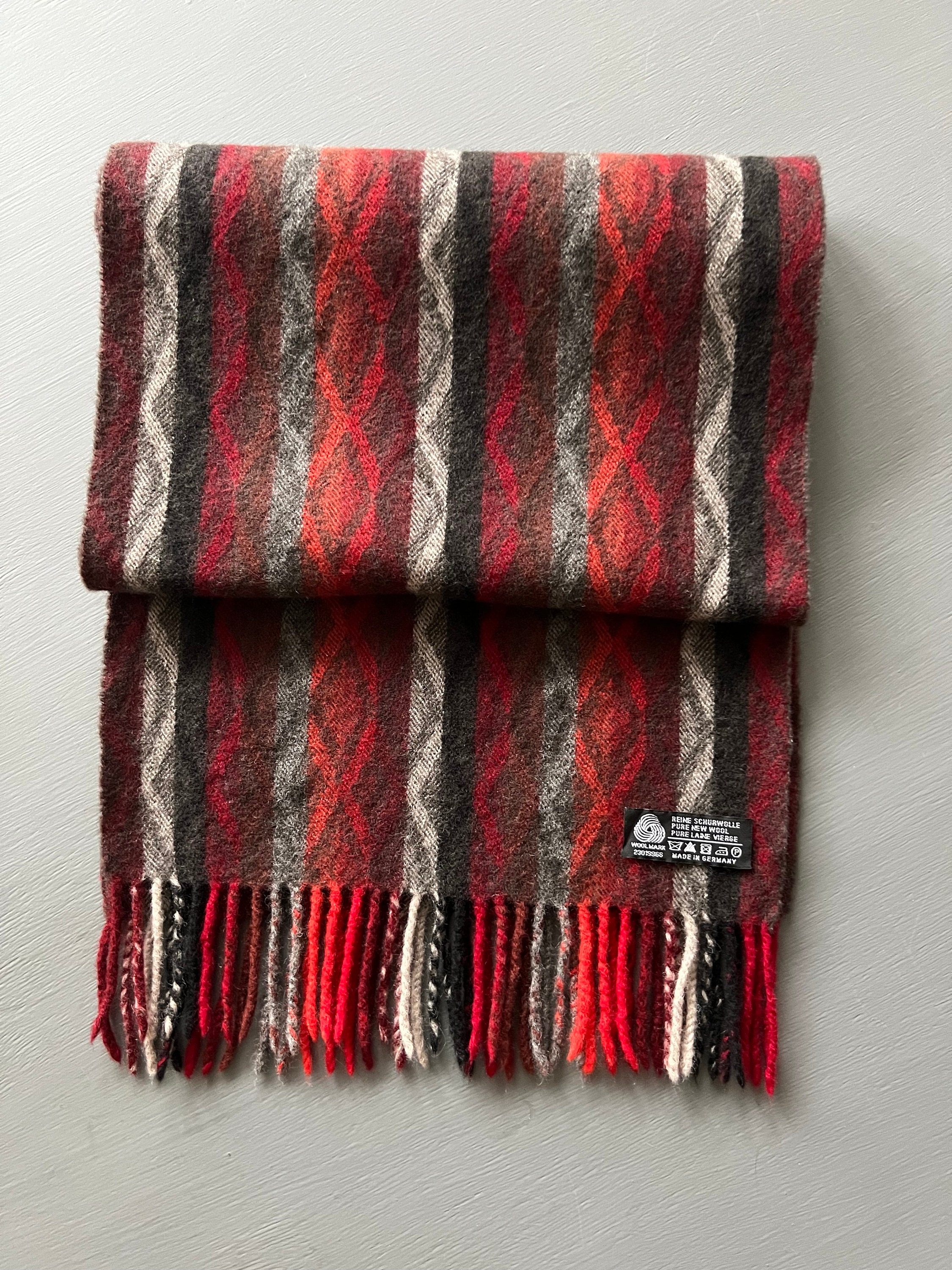 Vintage Made in Germany Pure New Wool Scarf, Geometric Print Red Black ...