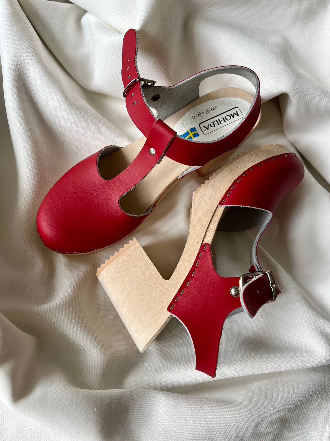 Vtg Deadstock MOHEDA Swedish Clogs, Wine-coloured Leather Ankle Strap ...