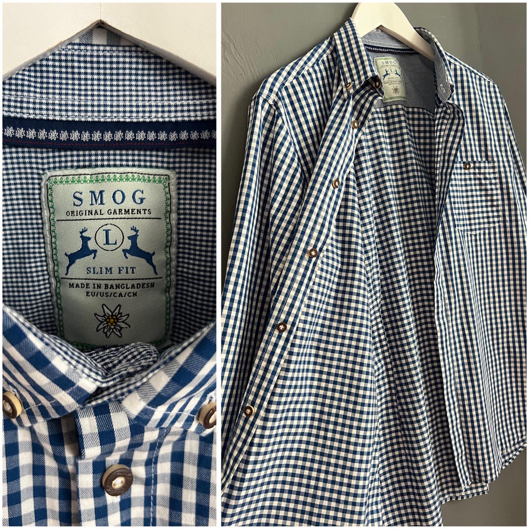 Vtg SMOG Men’s Trachten Shirt Blue & White Gingham All Cotton Dirndl ...