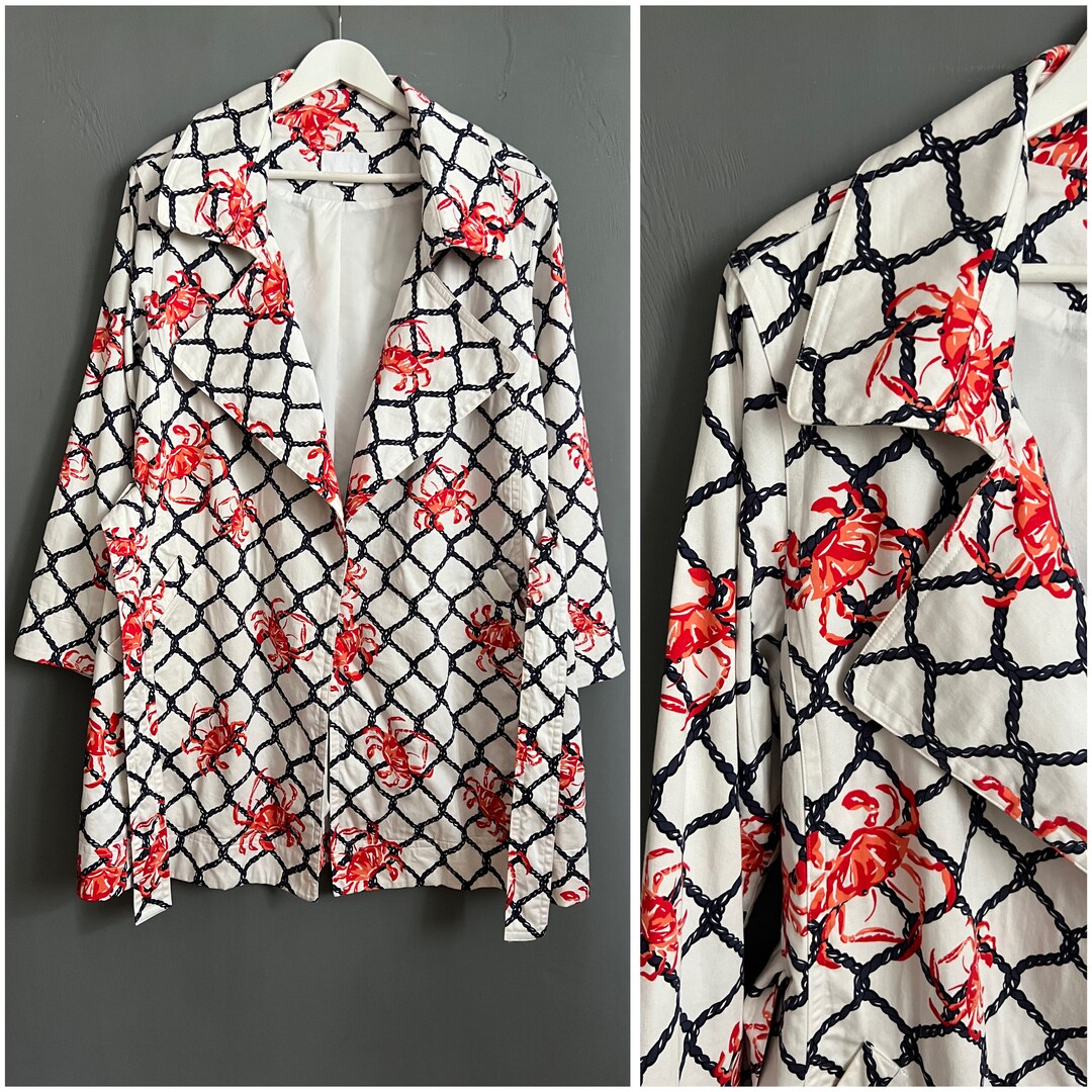 Vtg Debra Deroo Trench Coat Blue White Red Crab & Net Print Cotton ...