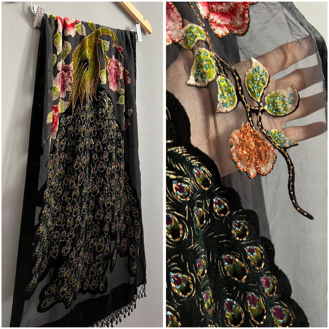 Vtg Sweet Velour Velvet Beads Shawl Black Pink Green White Firebird ...