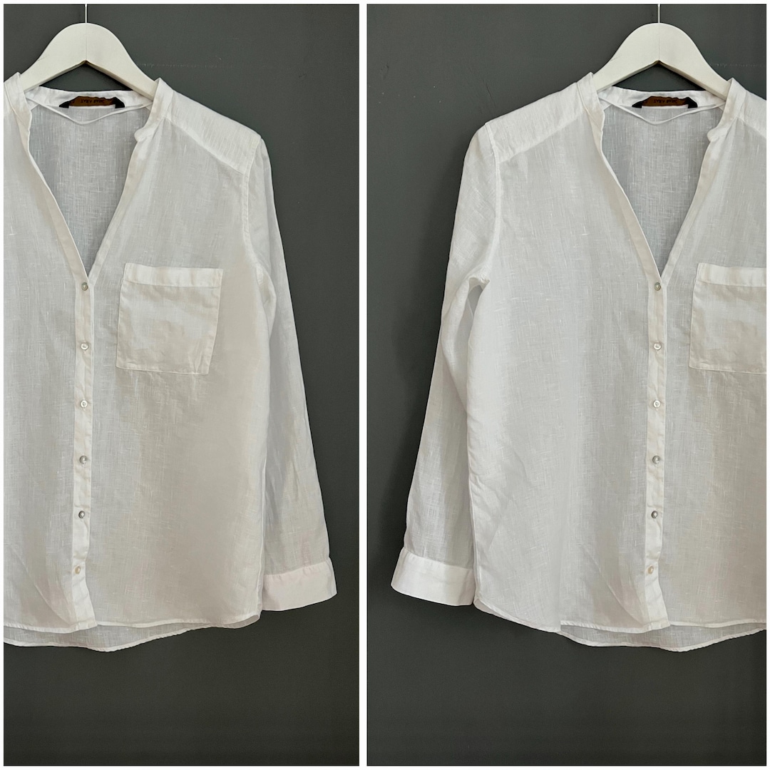Vtg Zara Sweet Linen Blouse White Ladies Shirt Split Neck Shell ...