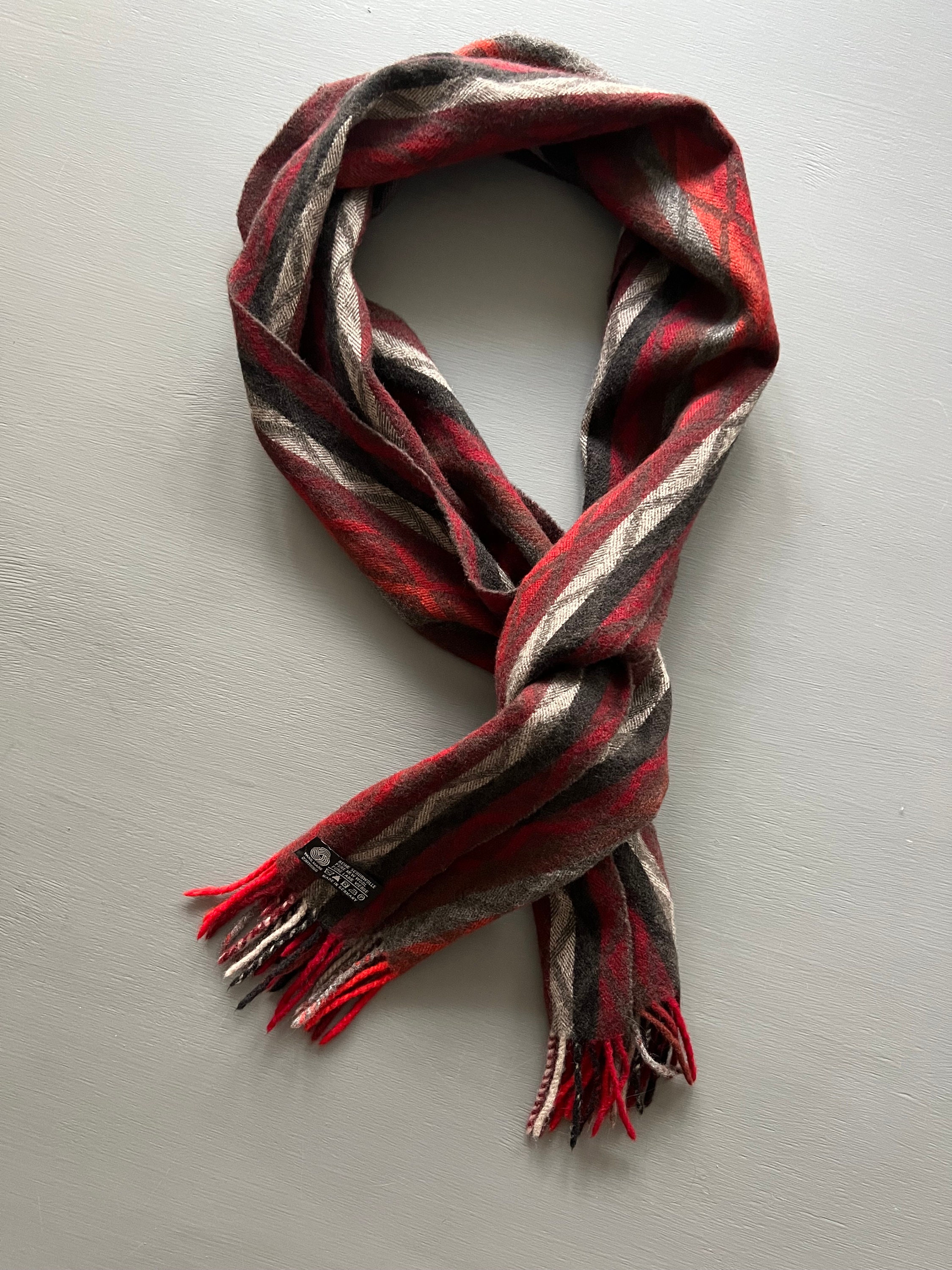 Vintage Made in Germany Pure New Wool Scarf, Geometric Print Red Black ...