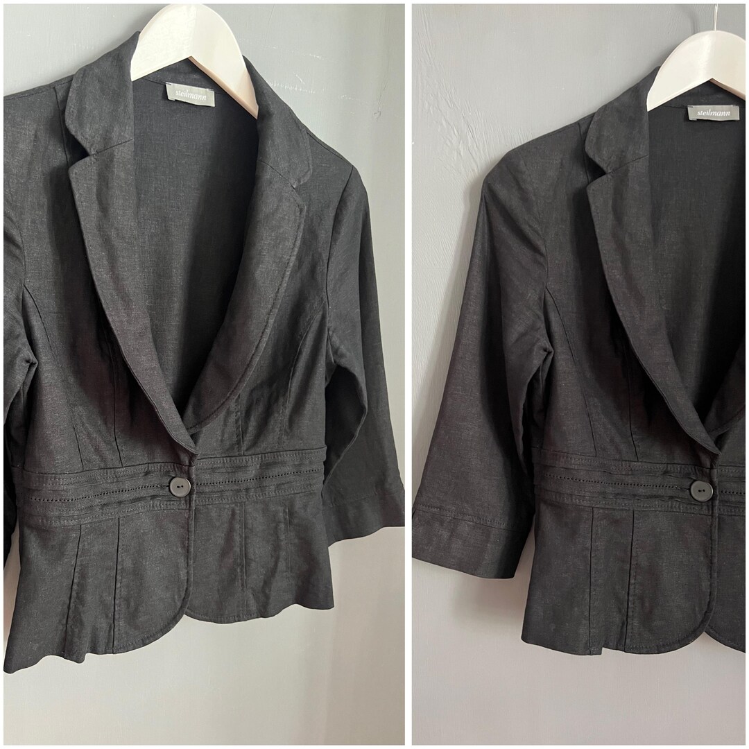 Vtg Steilmann Leinen & Viscose Jacket Black Ladies Summer Blazer One Button Crop Waisted ...