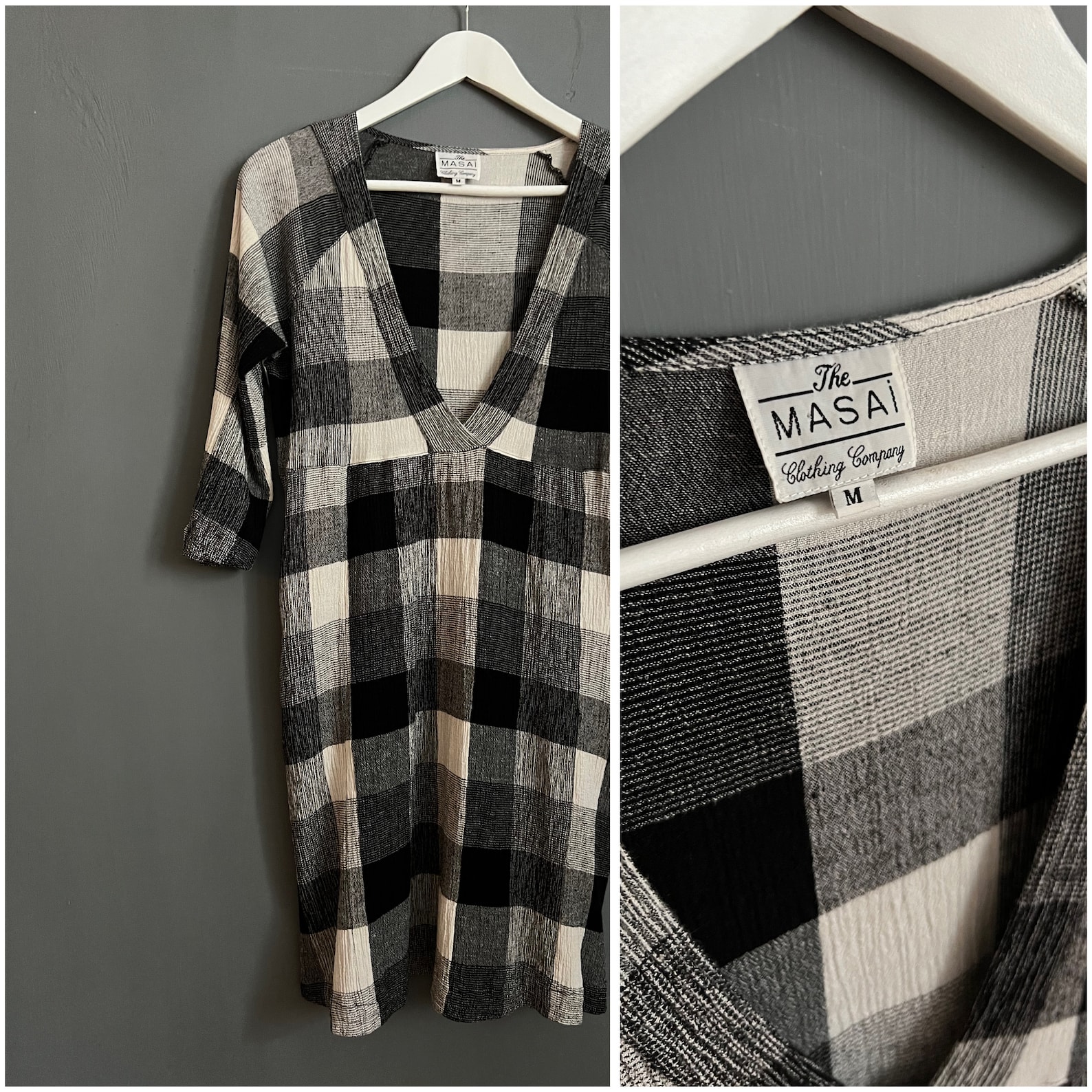 Vintage Masai Dress Linen Blend Plaid Gray Tunic Deep-v 3/4 Sleeve Side ...
