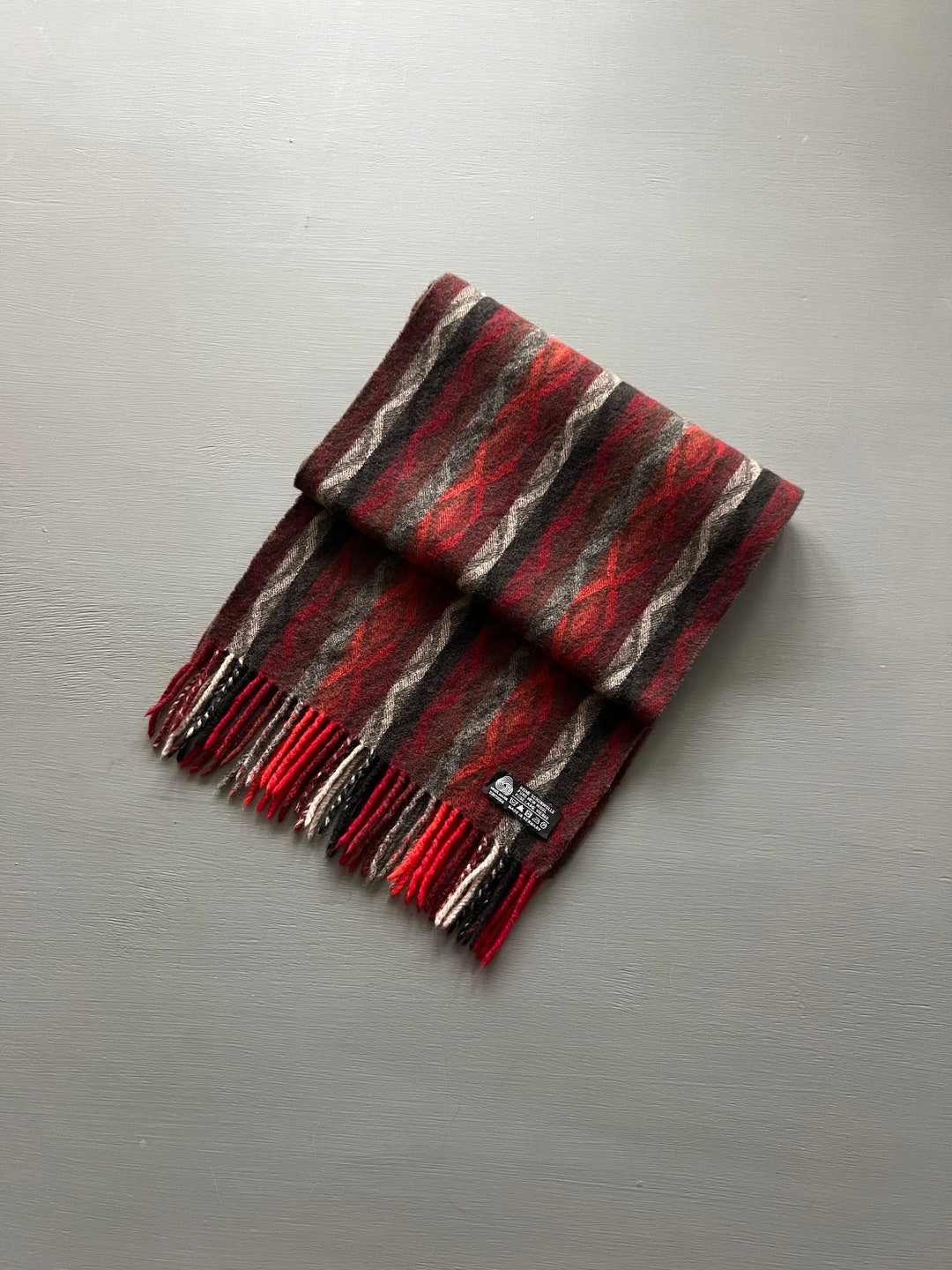 Vintage Made in Germany Pure New Wool Scarf, Geometric Print Red Black ...