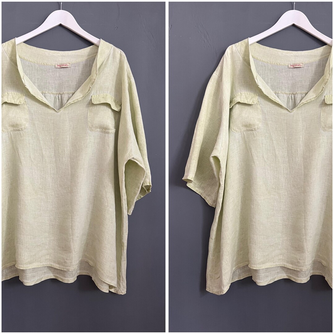 Vtg Sweet Linen Tunic Light Green Ladies Shirt Split Neck Two Patch ...
