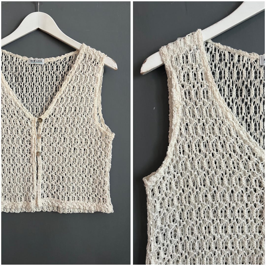 Vtg New Look Eyelet Romantic Knitted Vest Ivory Off-white Top V-neck ...