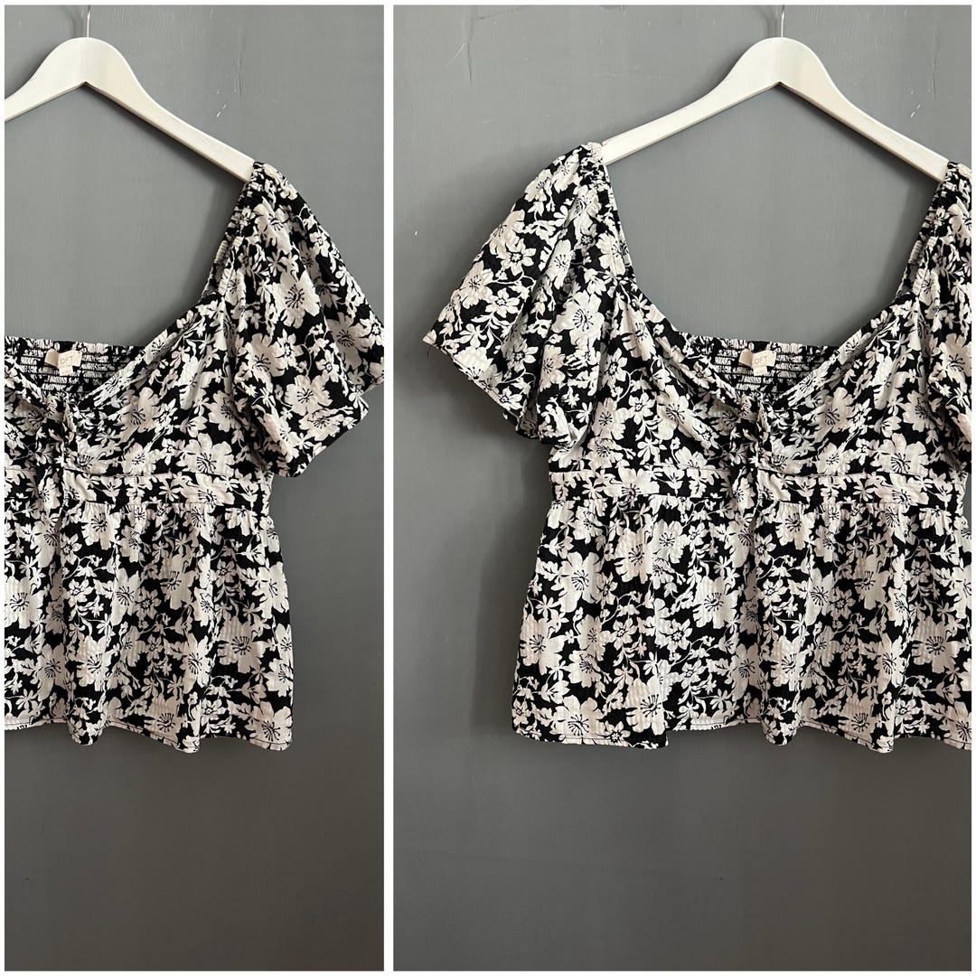 Vtg Loft Sweet Baby Doll Crop Top Floral Black White Cotton Ladies ...