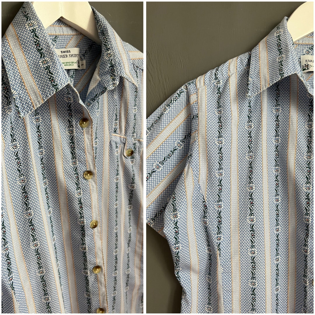 Vtg Edelweiss Pattern Traditional Swiss Farmer Shirt by Kowi Baby Blue ...
