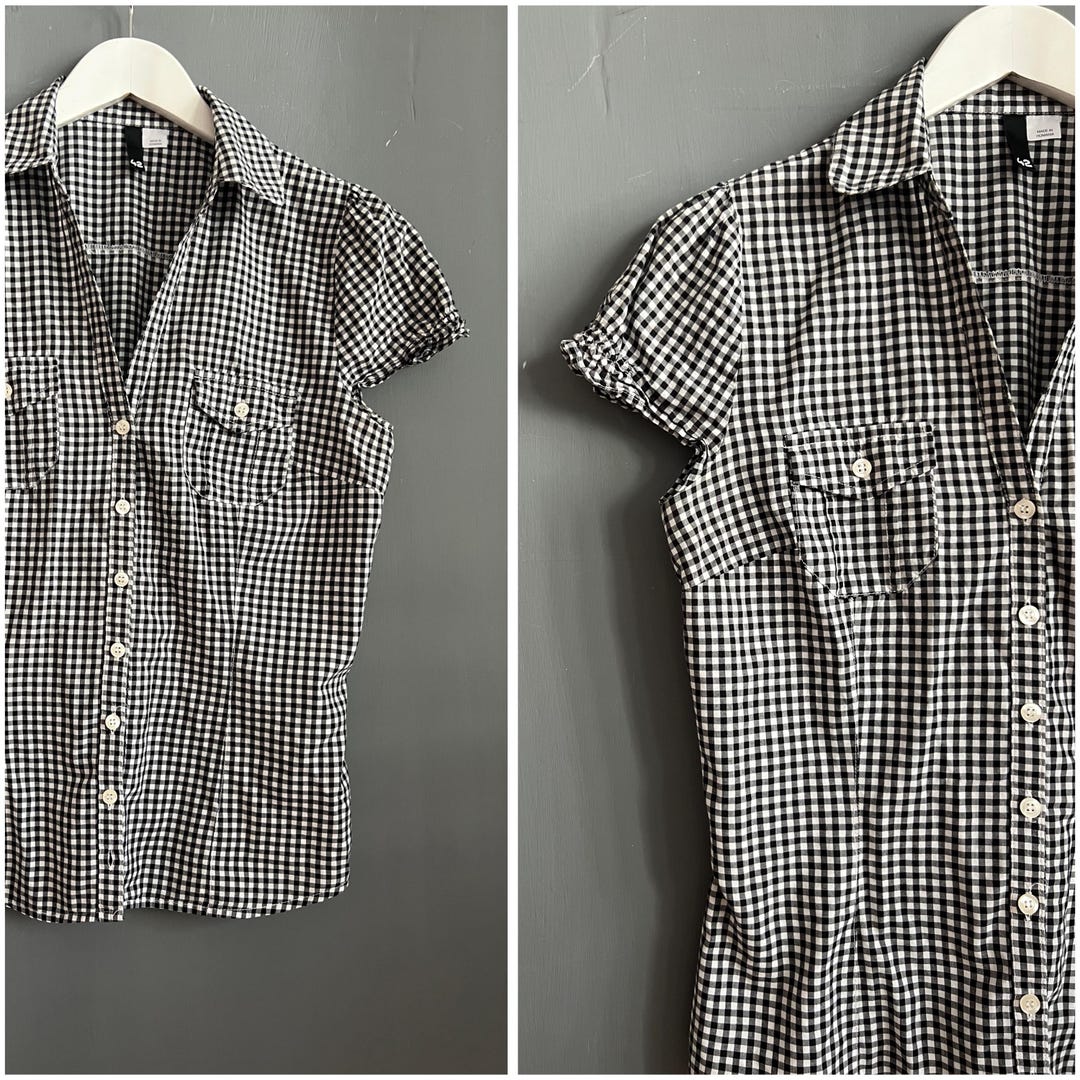 Vtg Sweet Gingham Blouse Black White Cotton Ladies Shirt Split Neck ...