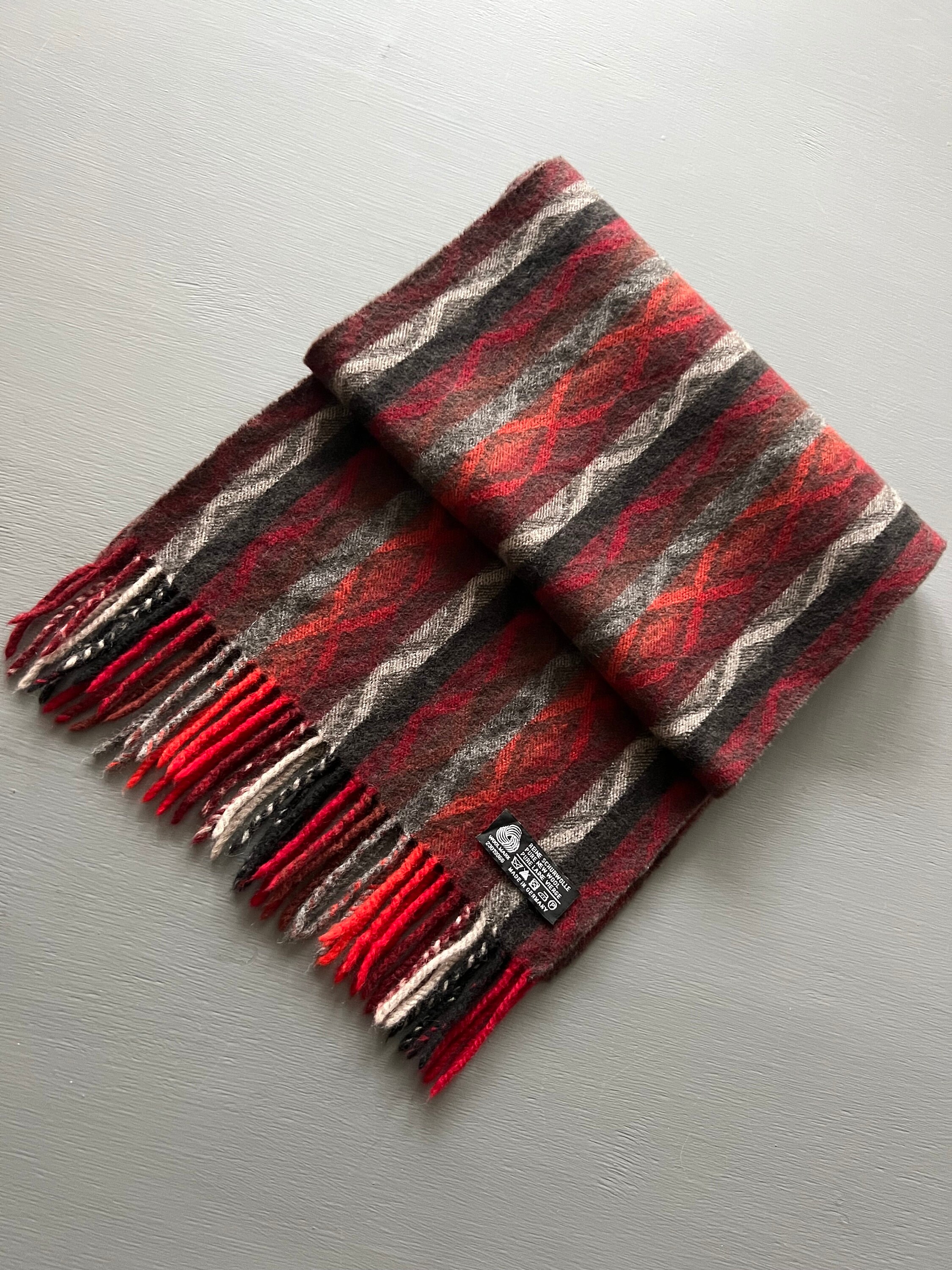 Vintage Made in Germany Pure New Wool Scarf, Geometric Print Red Black ...