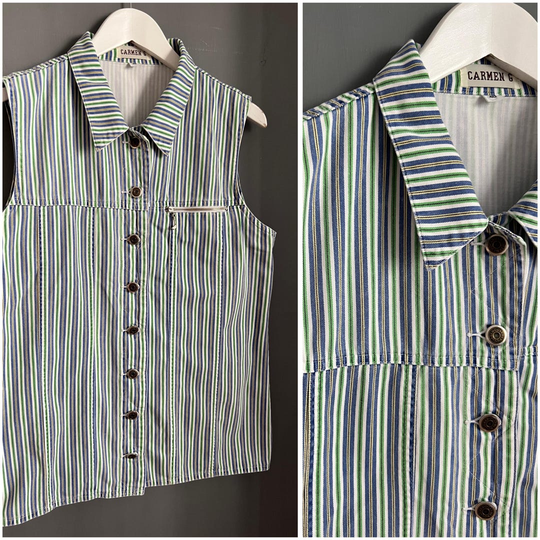 Vtg Striped Vest Green Blue Yellow White All Cotton Ladies Top Collared ...
