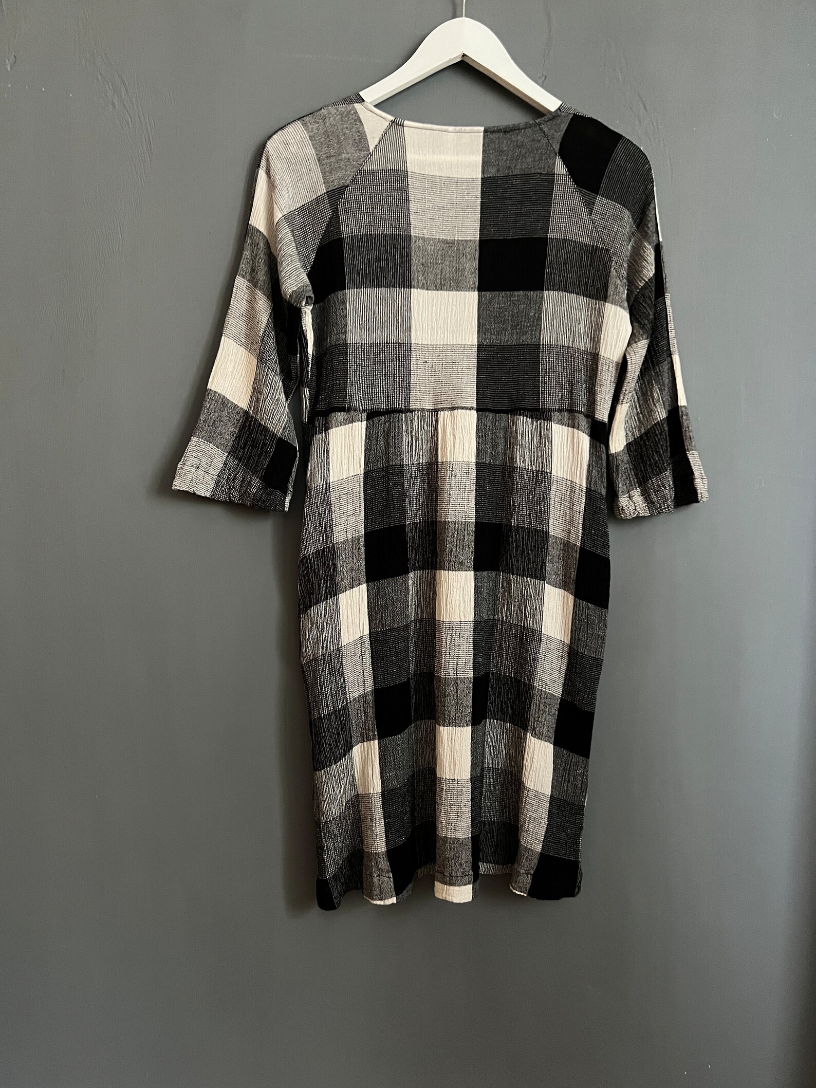 Vintage Masai Dress Linen Blend Plaid Gray Tunic Deep-v 3/4 Sleeve Side ...