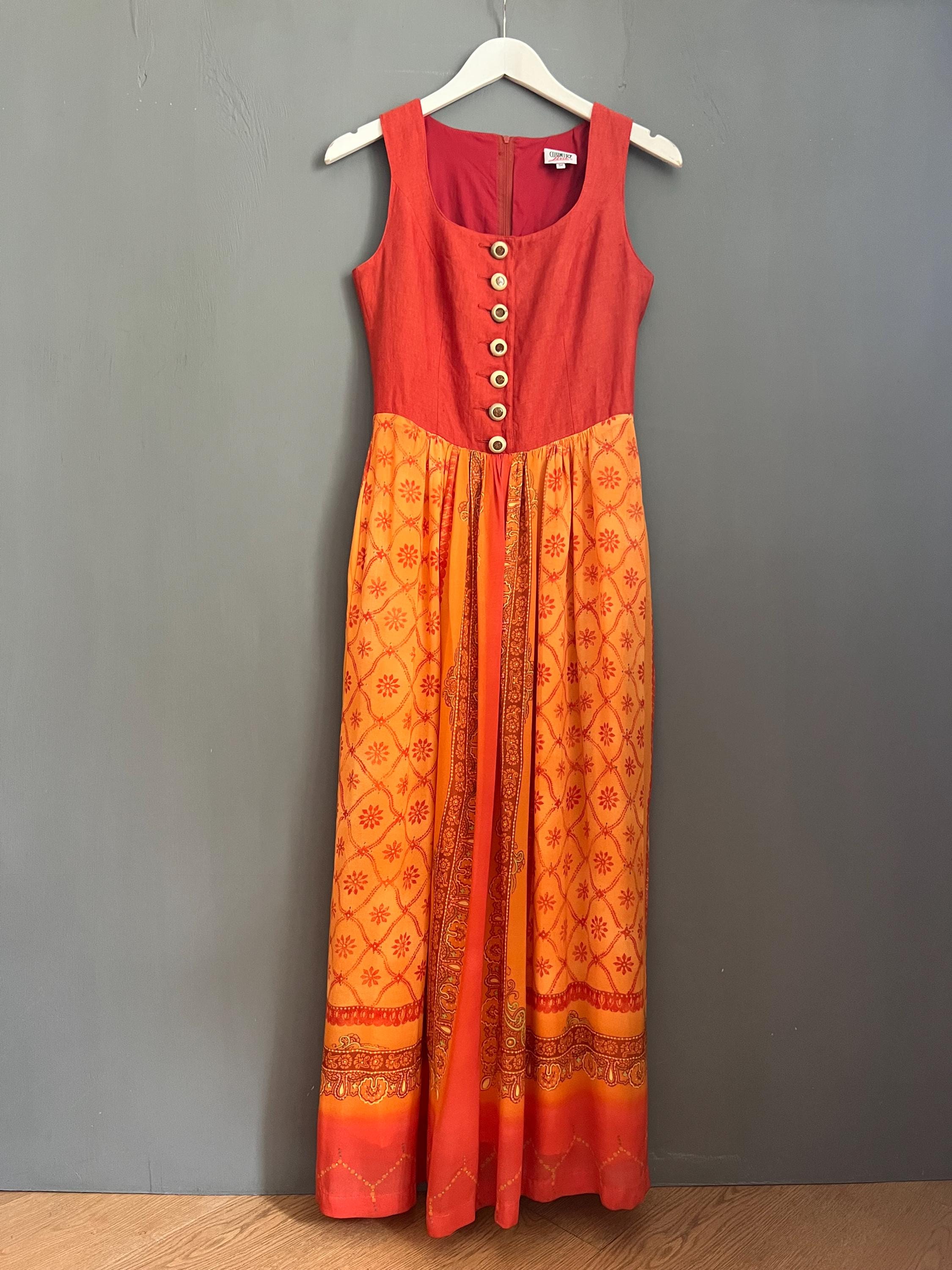 Vtg Country Line Dirndl Maxi Dress Linen Cotton Viscose Orange Red ...