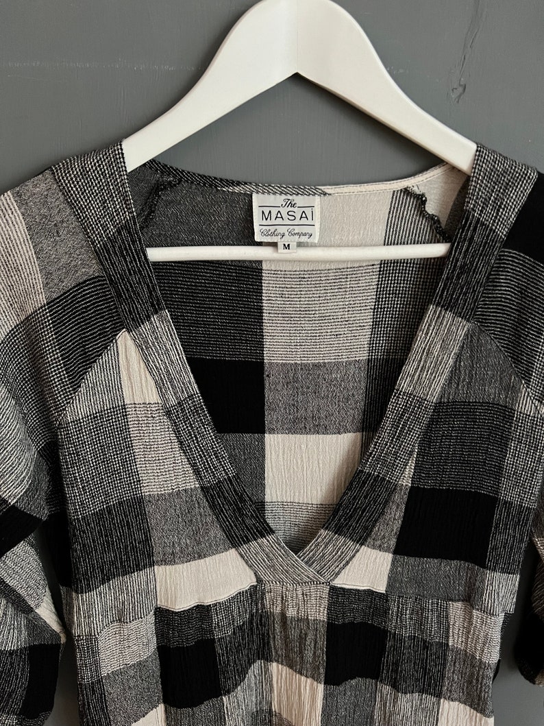 Vintage Masai Dress Linen Blend Plaid Gray Tunic Deep-v 3/4 Sleeve Side ...