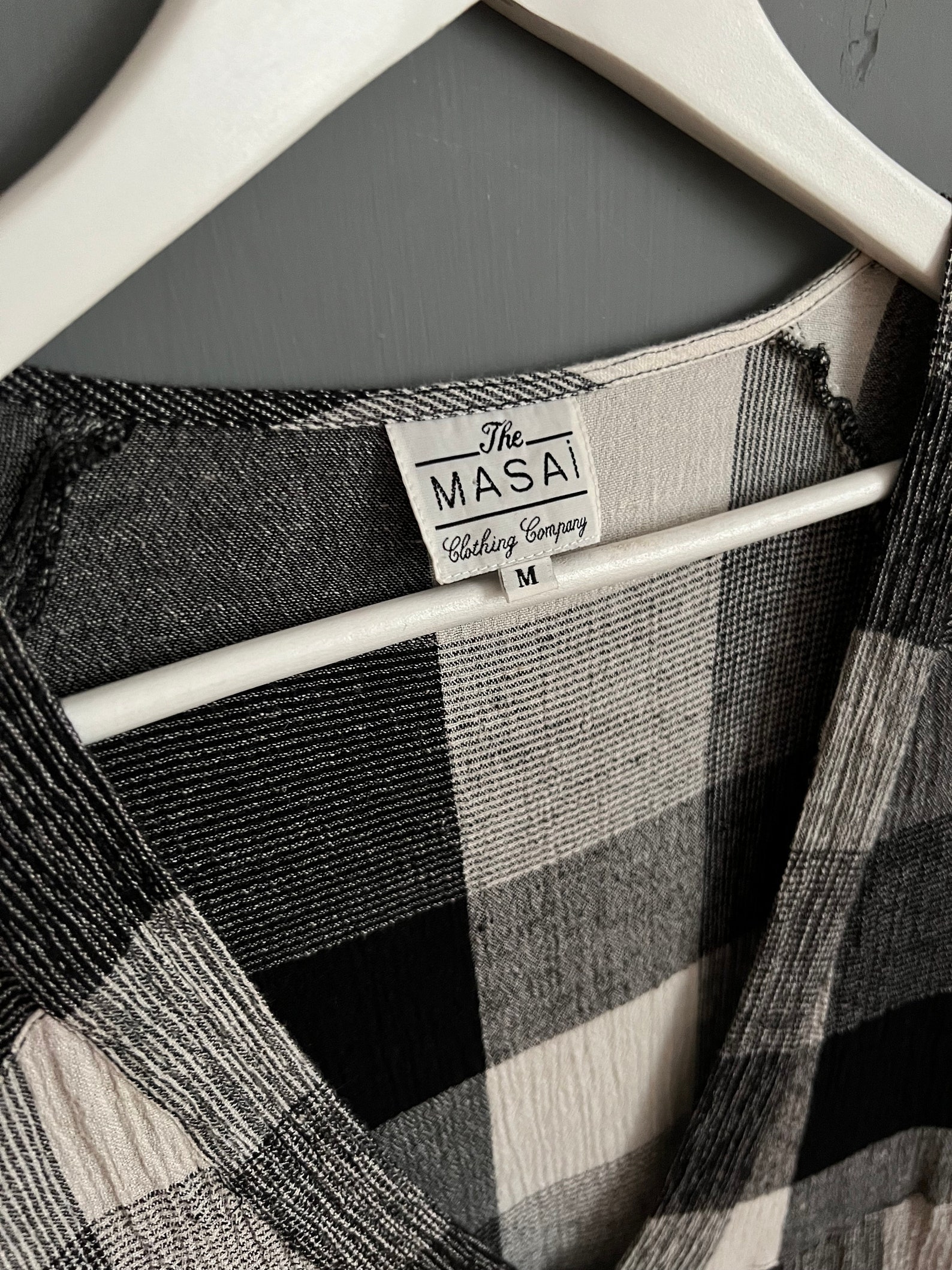 Vintage Masai Dress Linen Blend Plaid Gray Tunic Deep-v 3/4 Sleeve Side ...