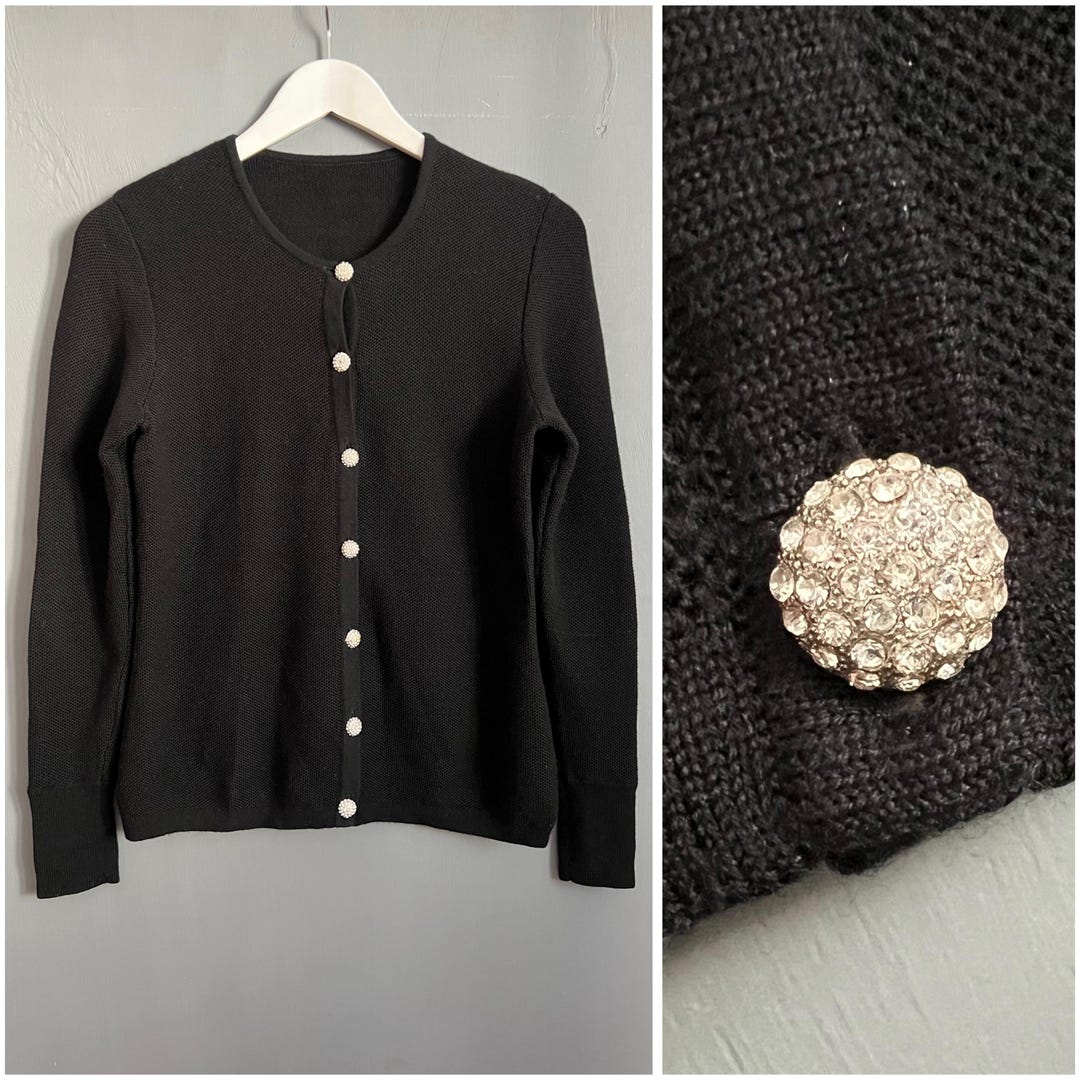 Vtg Peter Hahn Sweet Romantic Knitted Cardigan Black Wool Rhinestone ...