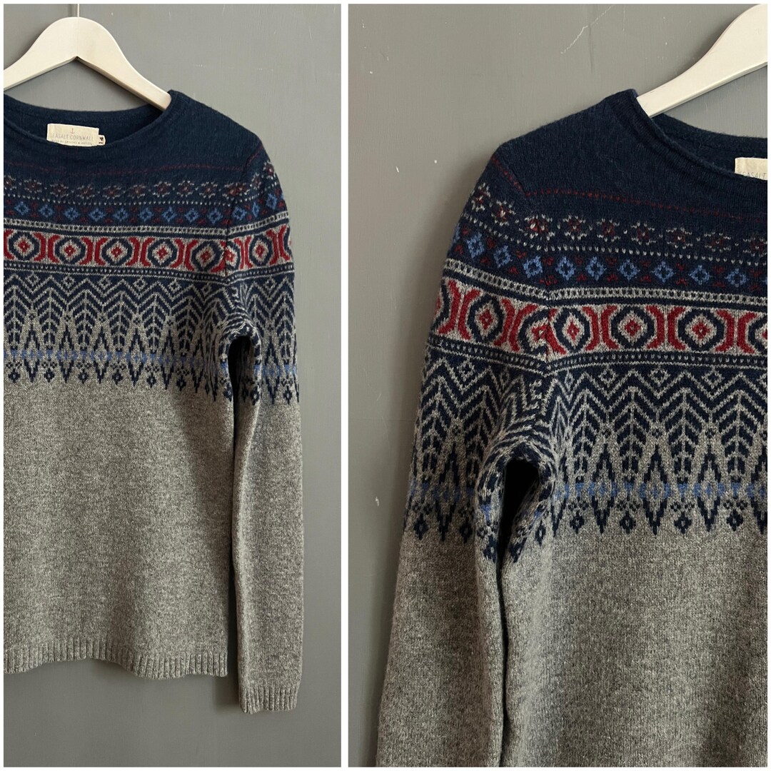 Vtg 100% Wool Fair Isle Aztec Pattern Sweater Gray Blue Red Knitted ...