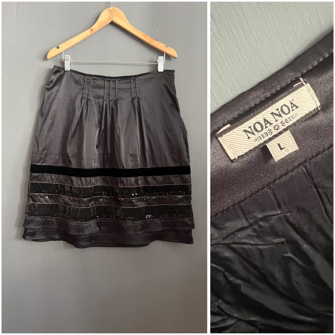 Vtg Noa Noa Sweet Atlas Sequins MIDI Skirt Black Cotton Polyester Lined ...