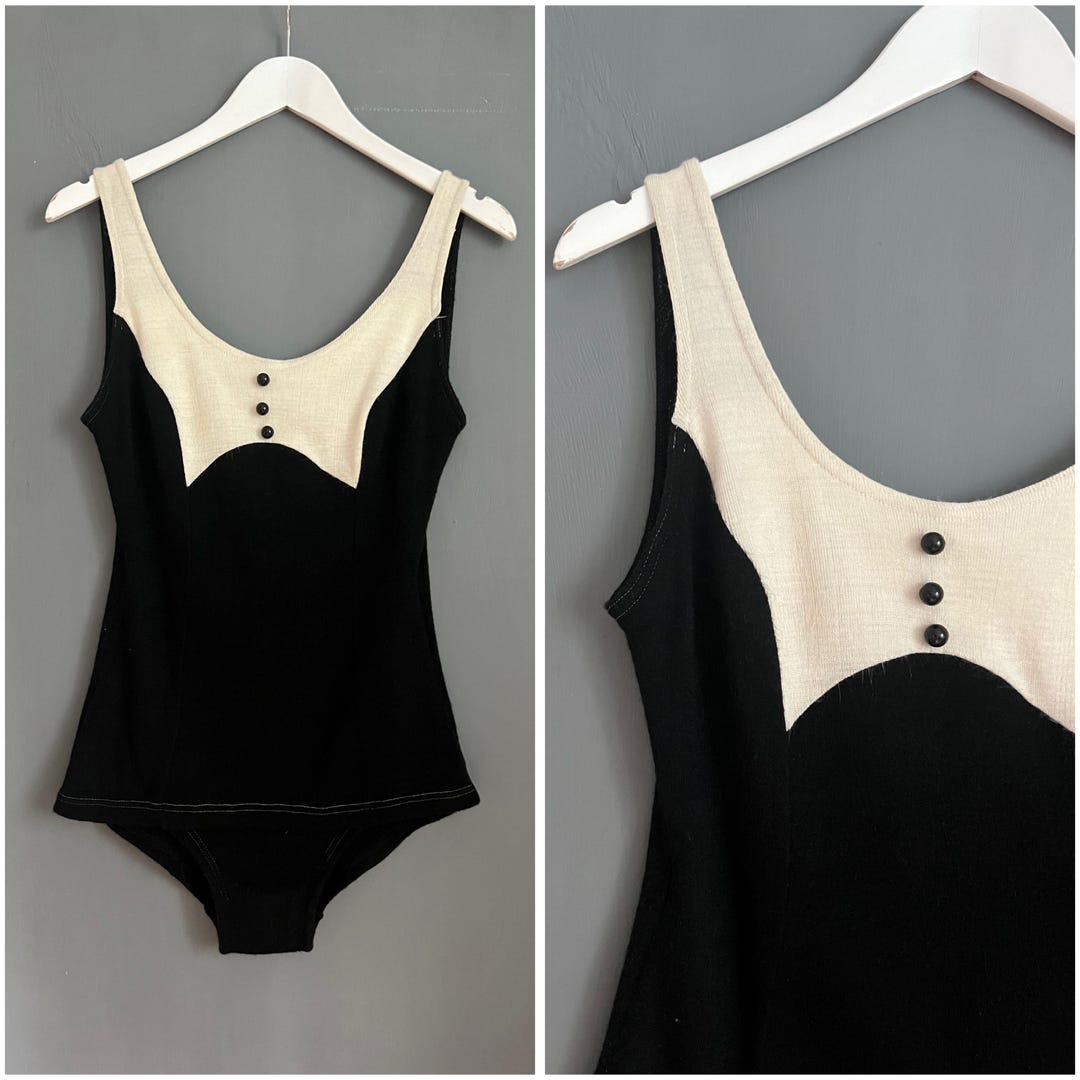 Vtg 1970s VEB Swimsuit Black & White Knitted One Peace Bathing Suit Low ...