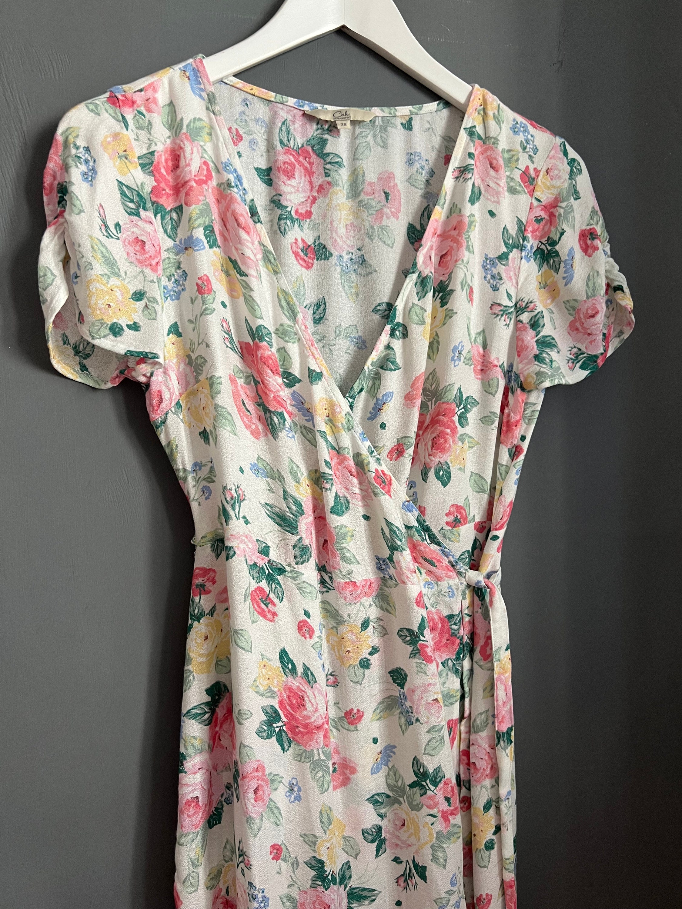 Vtg Clockhouse Wrap Dress Watercolor Pink Blue Green Yellow White All ...