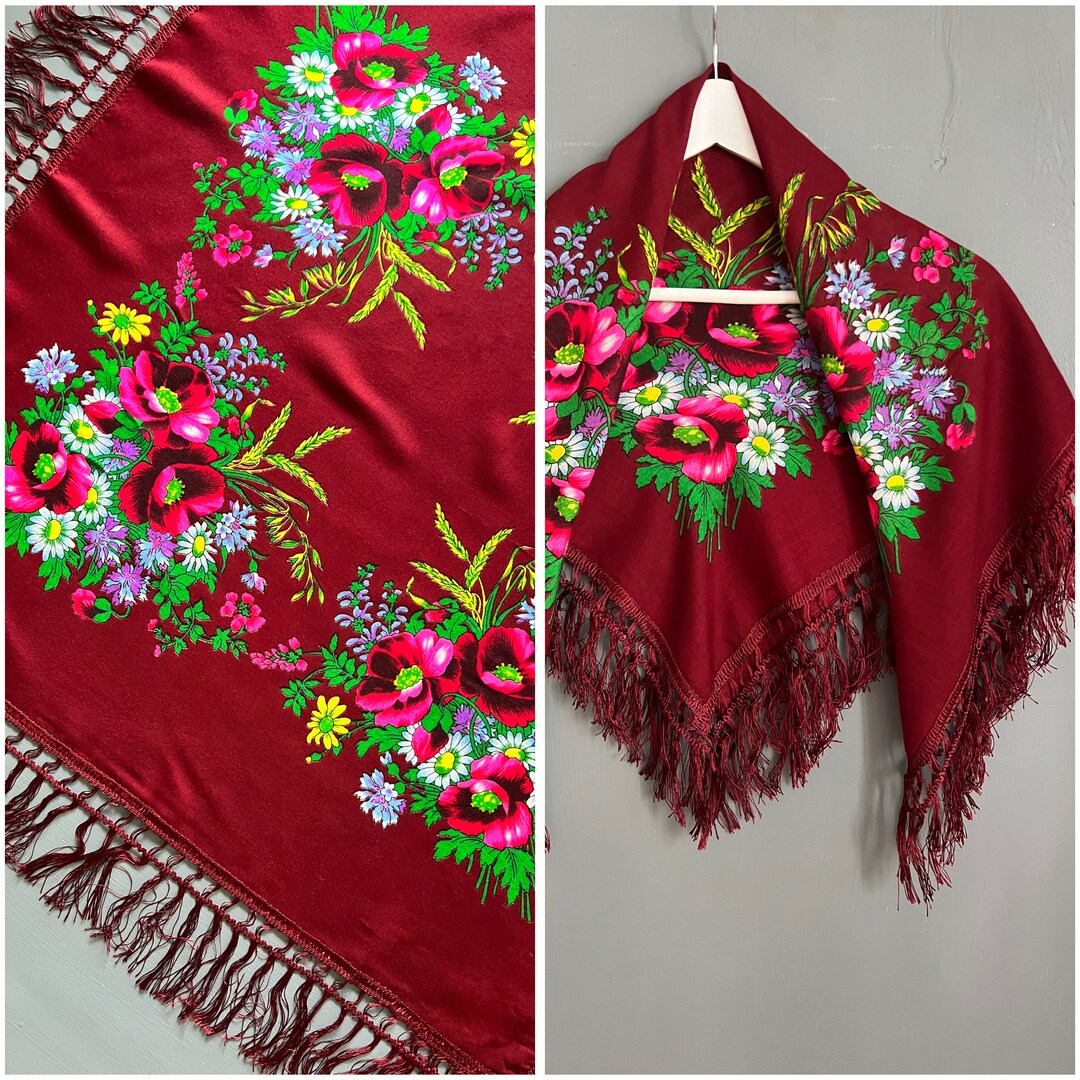 Vtg 70’s Japanese Floral Acrylic Fringed Shawl Burgundy Pink Green Blue ...