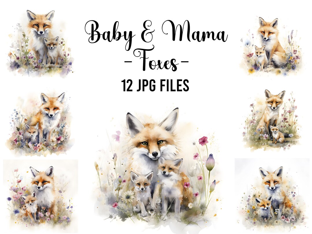 Cute Baby Fox and Mama Clipart, 12 Jpgs for Digital Download, Foxes ...