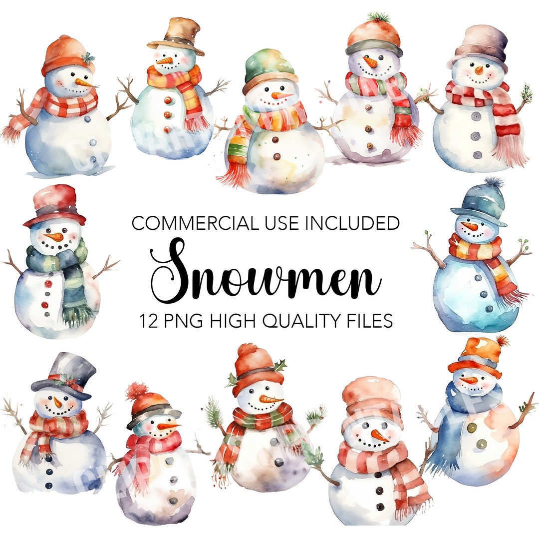 Snowmen Watercolor Clipart, 12 Pngs for Digital Download, Transparent ...