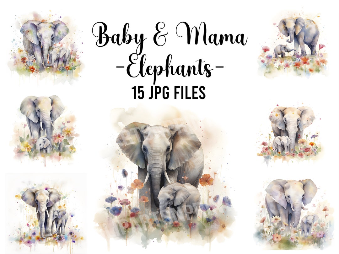 Cute Elephant and Elephant Mama Clipart, 15 Jpgs for Digital Download ...